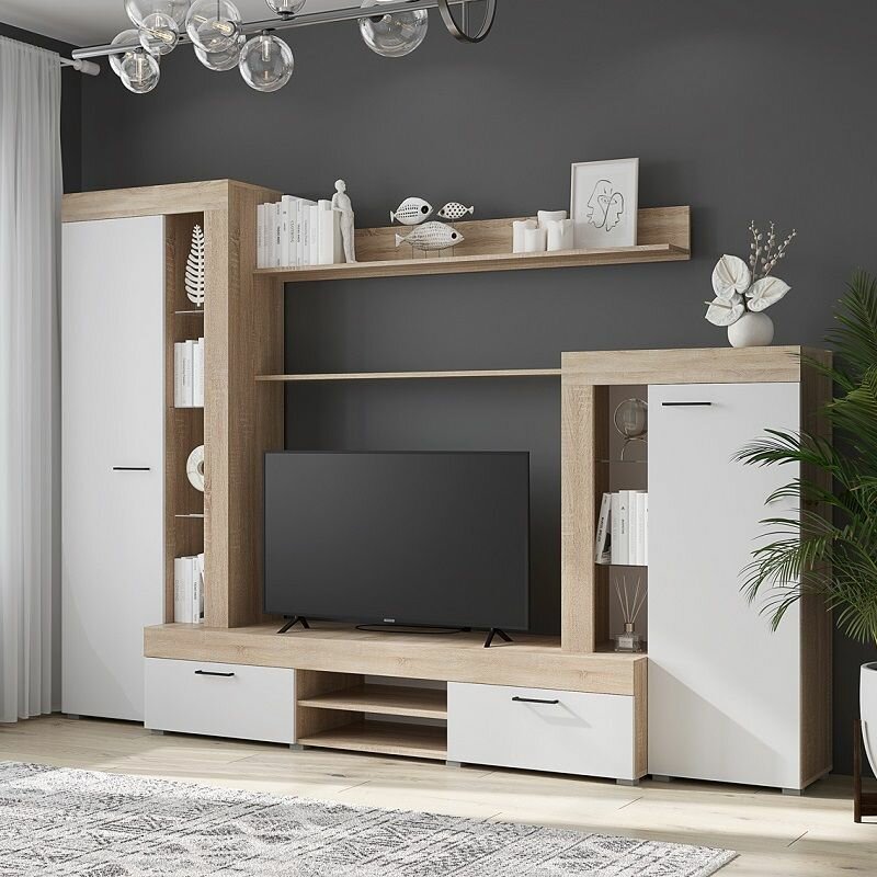 Стенка для гостиной Горизонт Дельта, 2648х1874х456 мм, белый / сонома