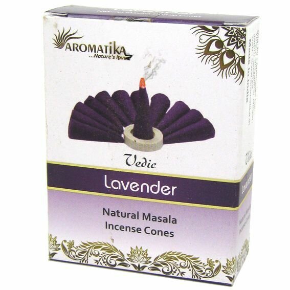 Vedic LAVENDER Natural Masala Incense Cones, Aromatika (Ведик лаванда, натуральные конусные благовония, Ароматика), уп. 10 конусов.