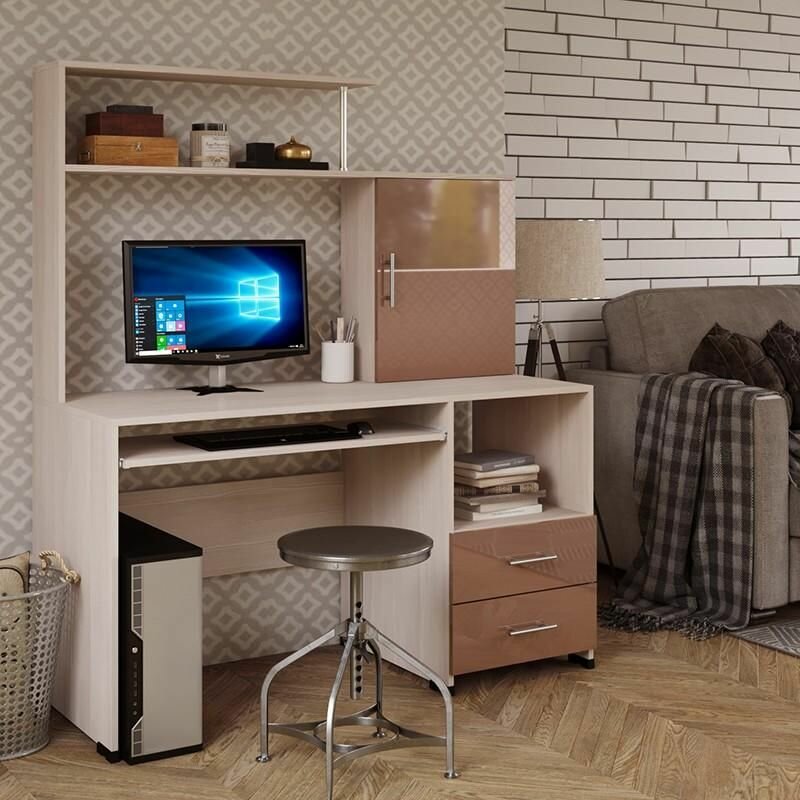 Компьютерный стол "Робин 4" 135х156х55, ясень шимо светлый / шоколад глянец