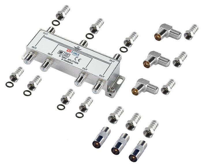 ТВ комплект №64: Разветвитель на 6 ТВ 5-1000 МГц, с разъёмом F (7 штук) +ТВ штекер прямой+F (3 штуки)+ТВ штекер угловой + F (3 штуки)