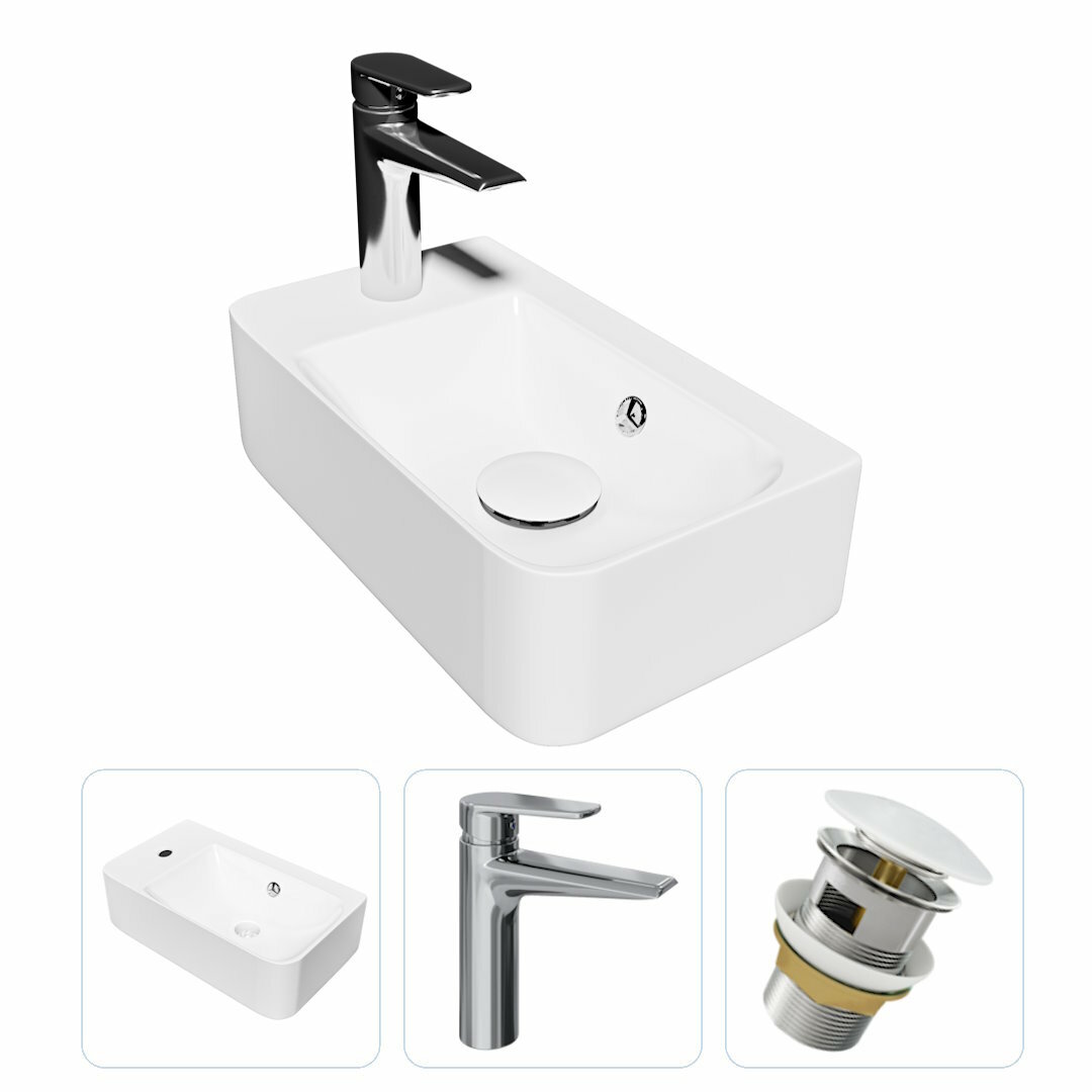 Раковина подвесная для ванной Teymi Hanna 45 левая в комплекте смеситель хром и донный клапан клик-клак с переливом белый F07745