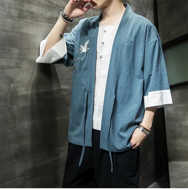 Мужской халат ханьфу полиэстер хлопок 5XL 4XL 86 to 91kg, Синий, Синий