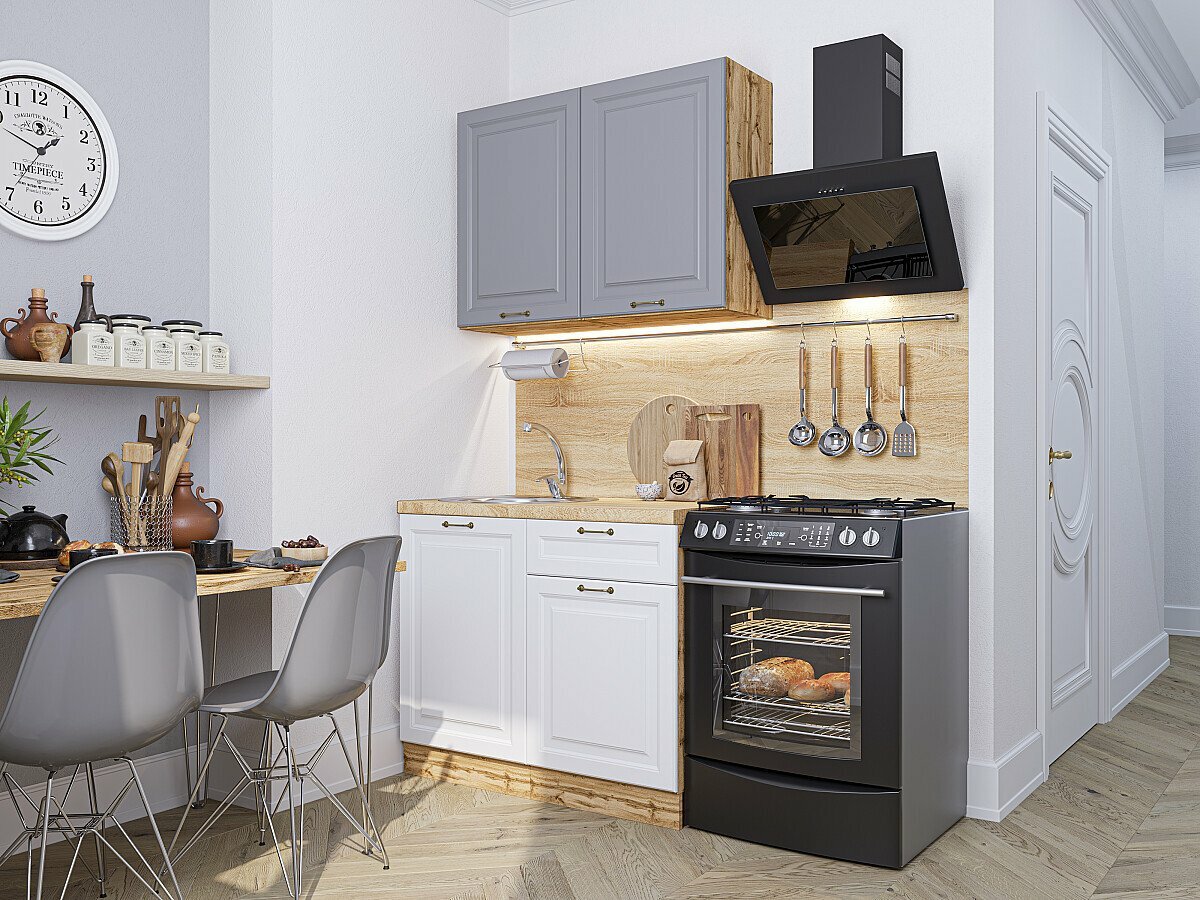 Кухня Ницца-05, цвет фасада Графит/Белый, цвет каркаса Дуб Вотан, 2140*1000*600 мм