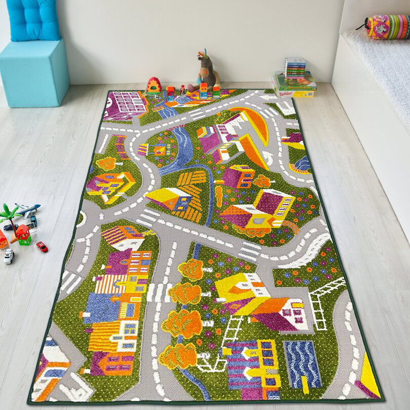 Коврик для детской, игровой ковер с дорогой для машинок и городом, с рельефным рисунком, Джутовая основа, 1.2x2.0