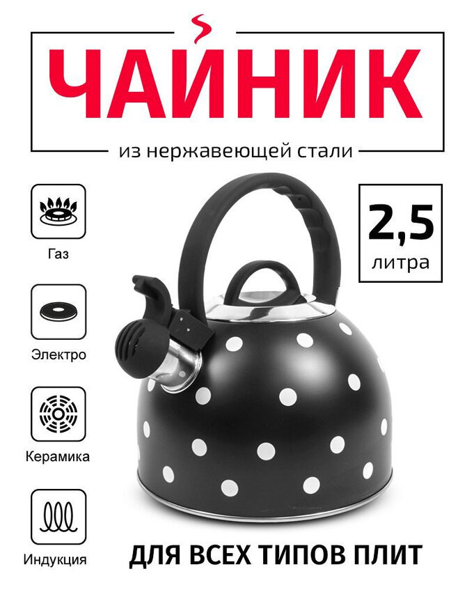 Чайник 2,5л из нержавеющей стали TIMA капсульное дно индукция со свистком ручка Soft-touch WTK135BLK