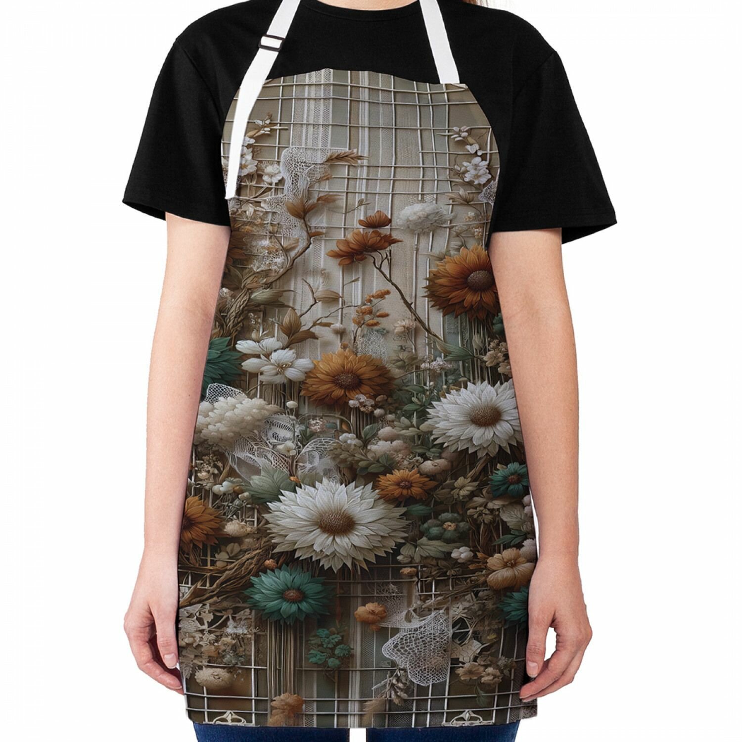 Фартук для кухни тканевый "Цветы на сетке" / водоотталкивающий, универсальный размер , JoyArty