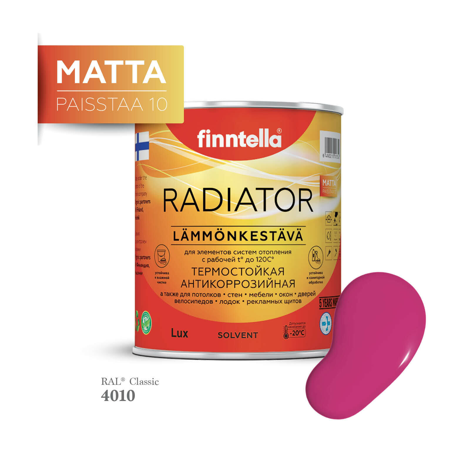 Краска для радиаторов быстросохнущая финская эмаль FINNTELLA RADIATOR Matta. Матовая. Цвет RAL4010 , 0,9л
