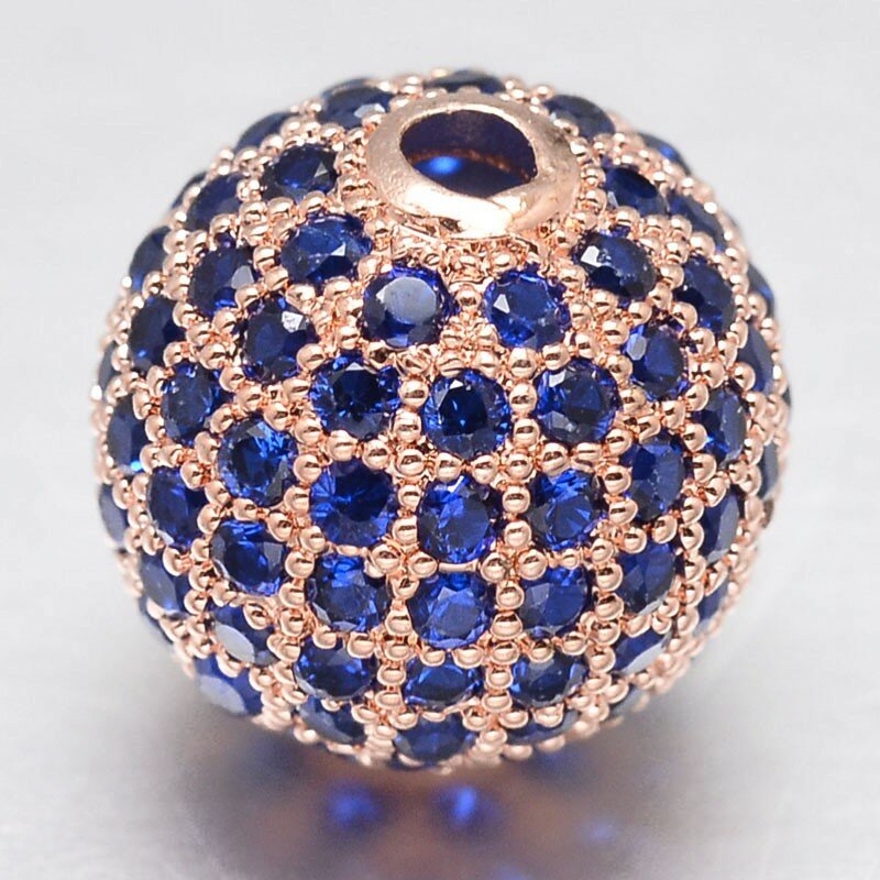 Бусина металлическая 8мм, Milano, Шарик, с синими фианитами, базовый материал - латунь, под розовое золото, 1 шт.