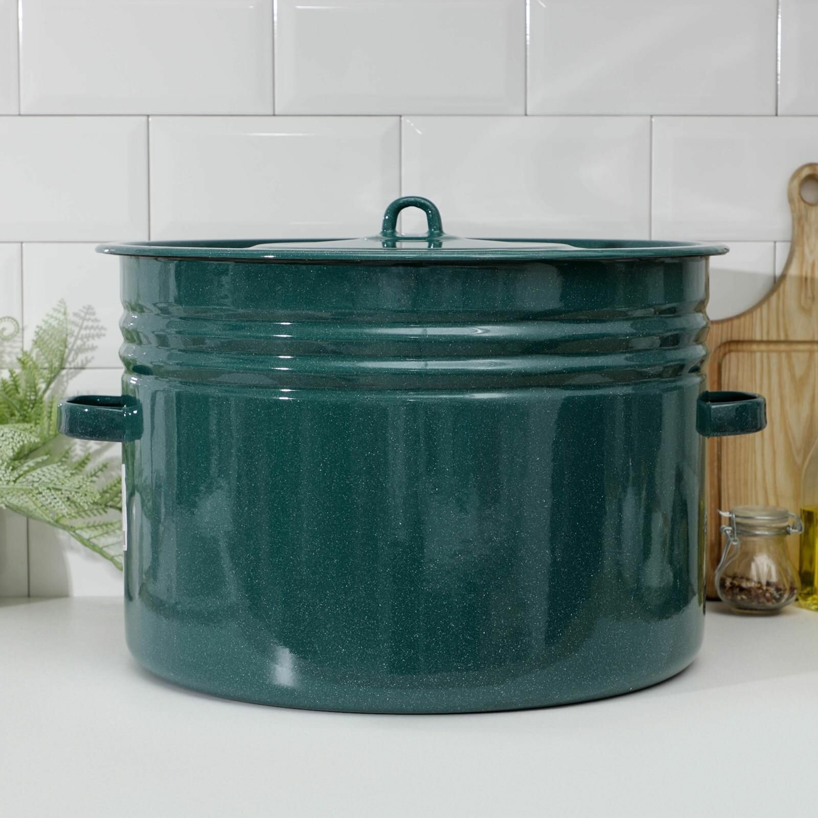 Бак для продуктов эмалированный, 32 л, цвет зелёный, кастрюля с крышкой, бак эмаль