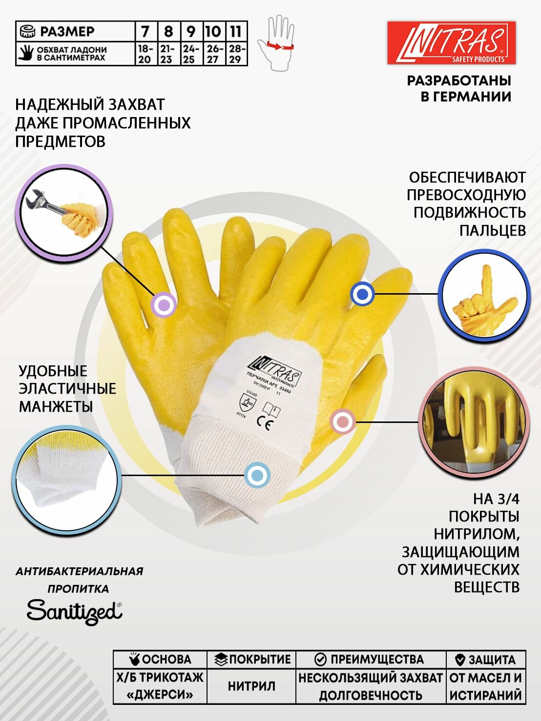 Защитные рабочие перчатки NITRAS 3400, с облегченным нитриловым покрытием, размер 7