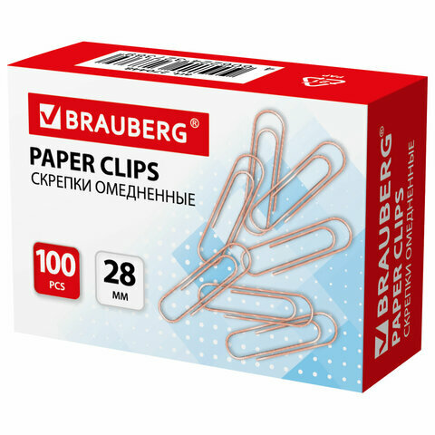 Скрепки BRAUBERG, 28 мм, омедненные, 100 шт, в картонной коробке, 270448 (цена за 1 ед. товара)