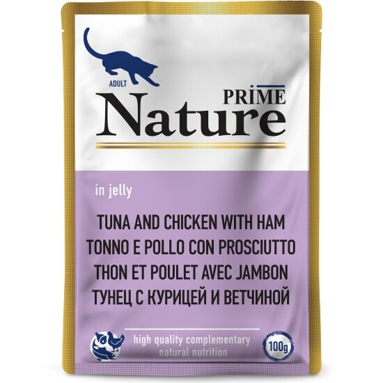 Влажный корм для кошек Prime Nature Тунец с курицей и ветчиной в желе, 100г*12шт.