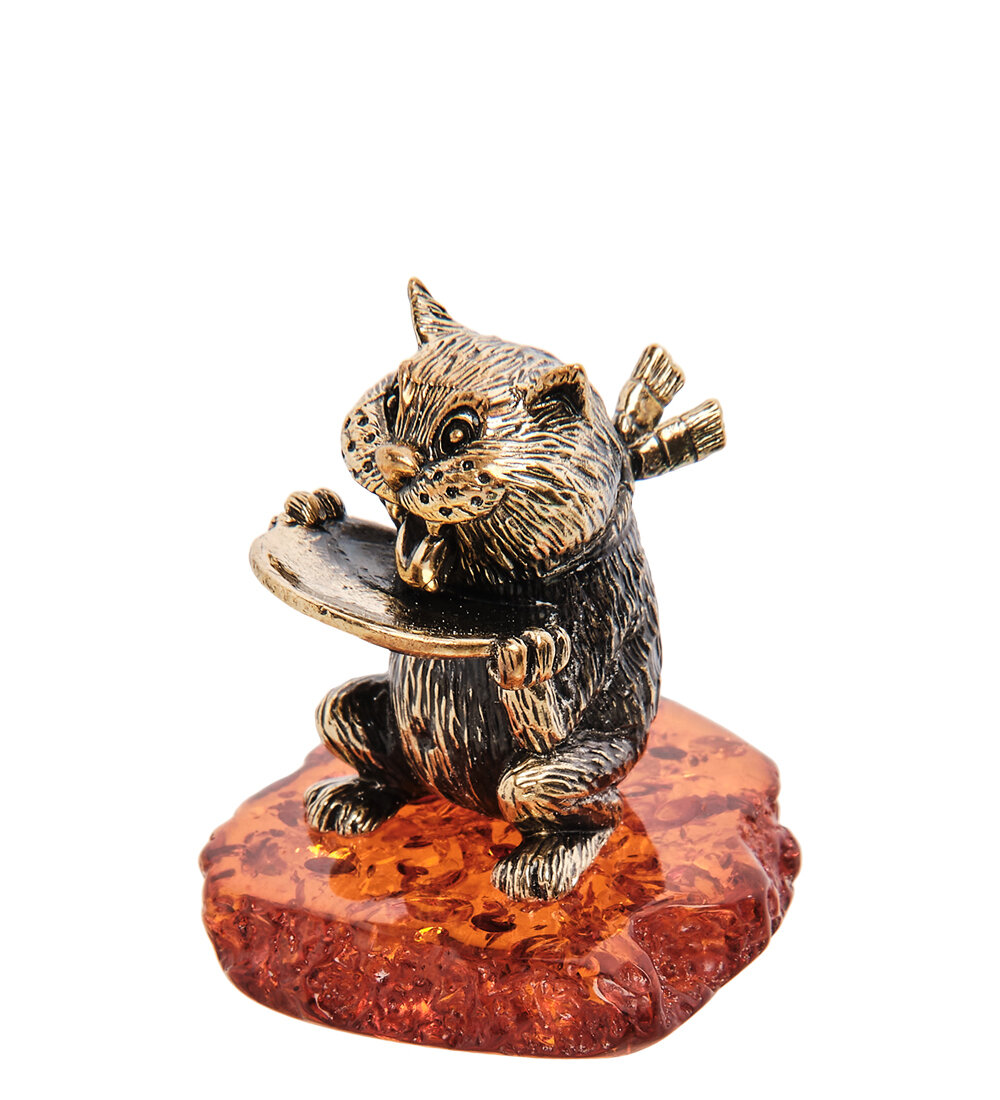 Фигурка 'Кот с блюдцем' (латунь, янтарь)