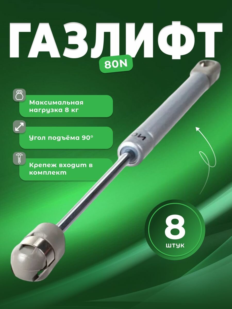 Газлифт, доводчик для мебели, амортизатор мебельный для плавного закрывания двери, газовый упор BRANTE 80N 8 шт.