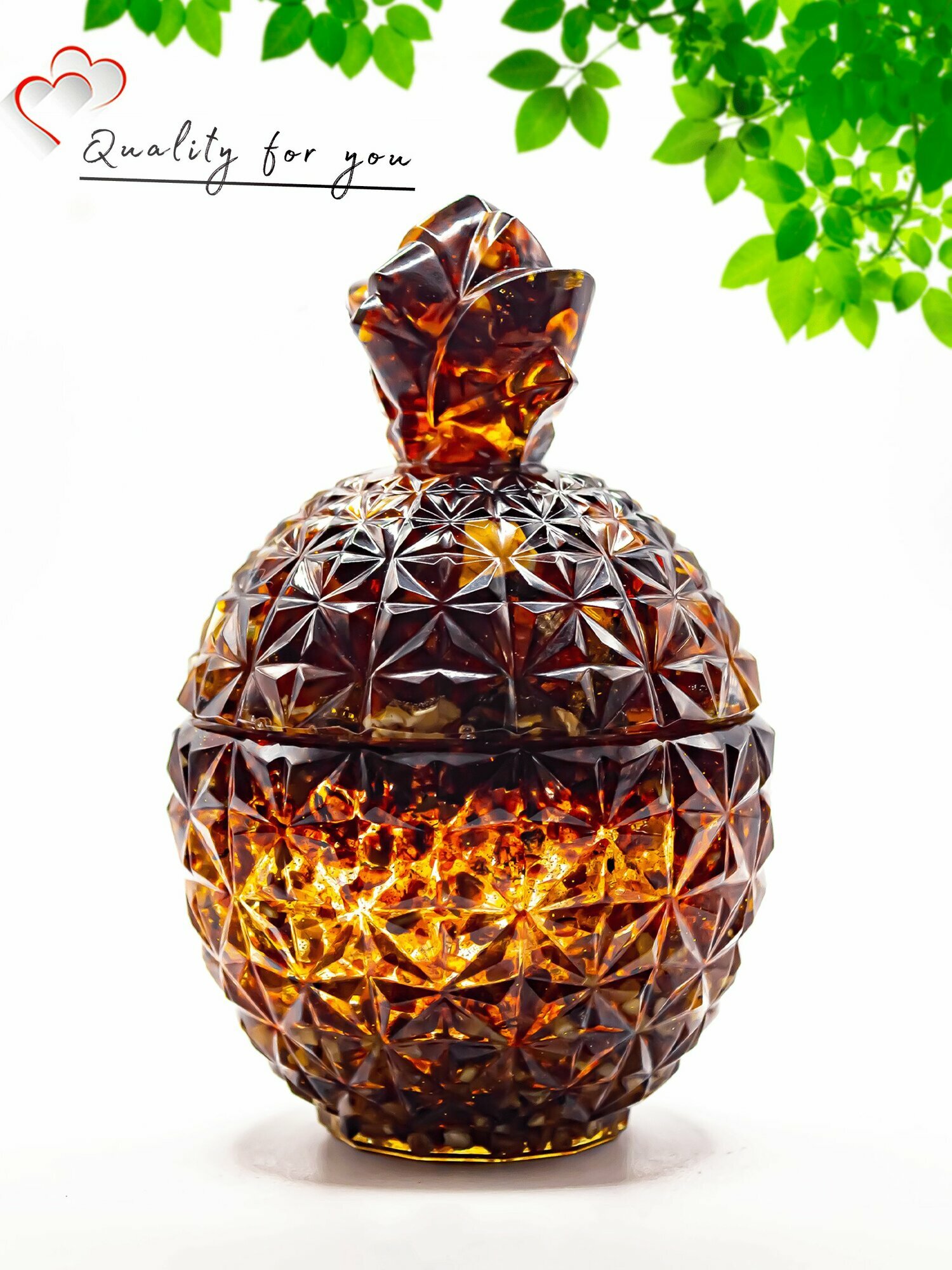 Шкатулка из натуральных камней янтарь Quality for you Ананас, для украшений, 150мм