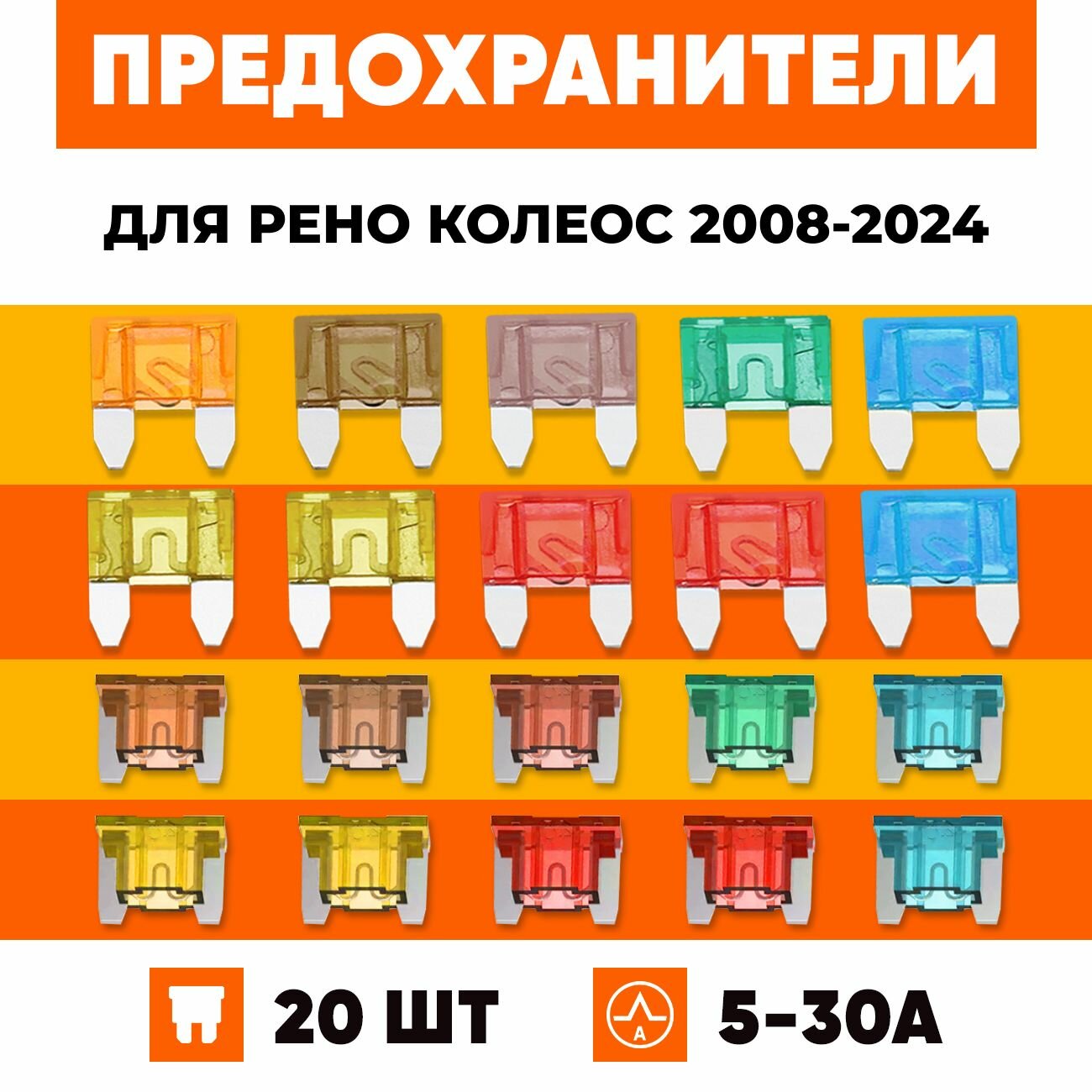 Предохранители Рено Колеос 2008-2024 набор Мини+Микро 20 шт