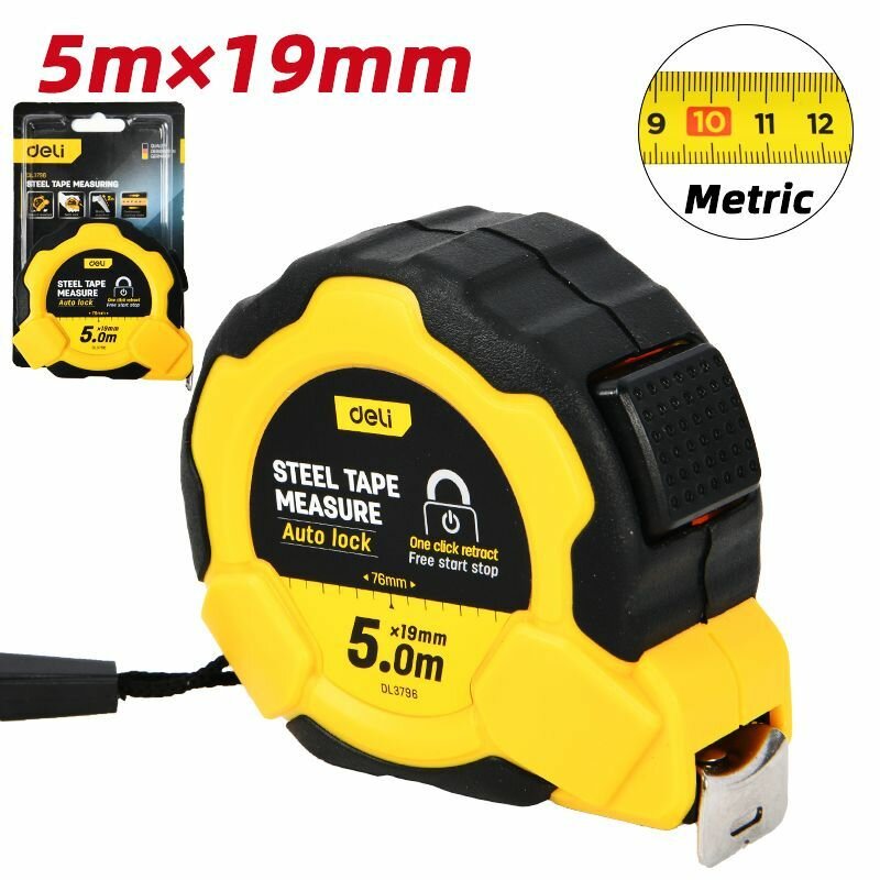 Рулетка 5м х 19мм Deli DL3796 (Автостоп, ударопрочный обрезиненный корпус, метрическая, клипса, ремешок)