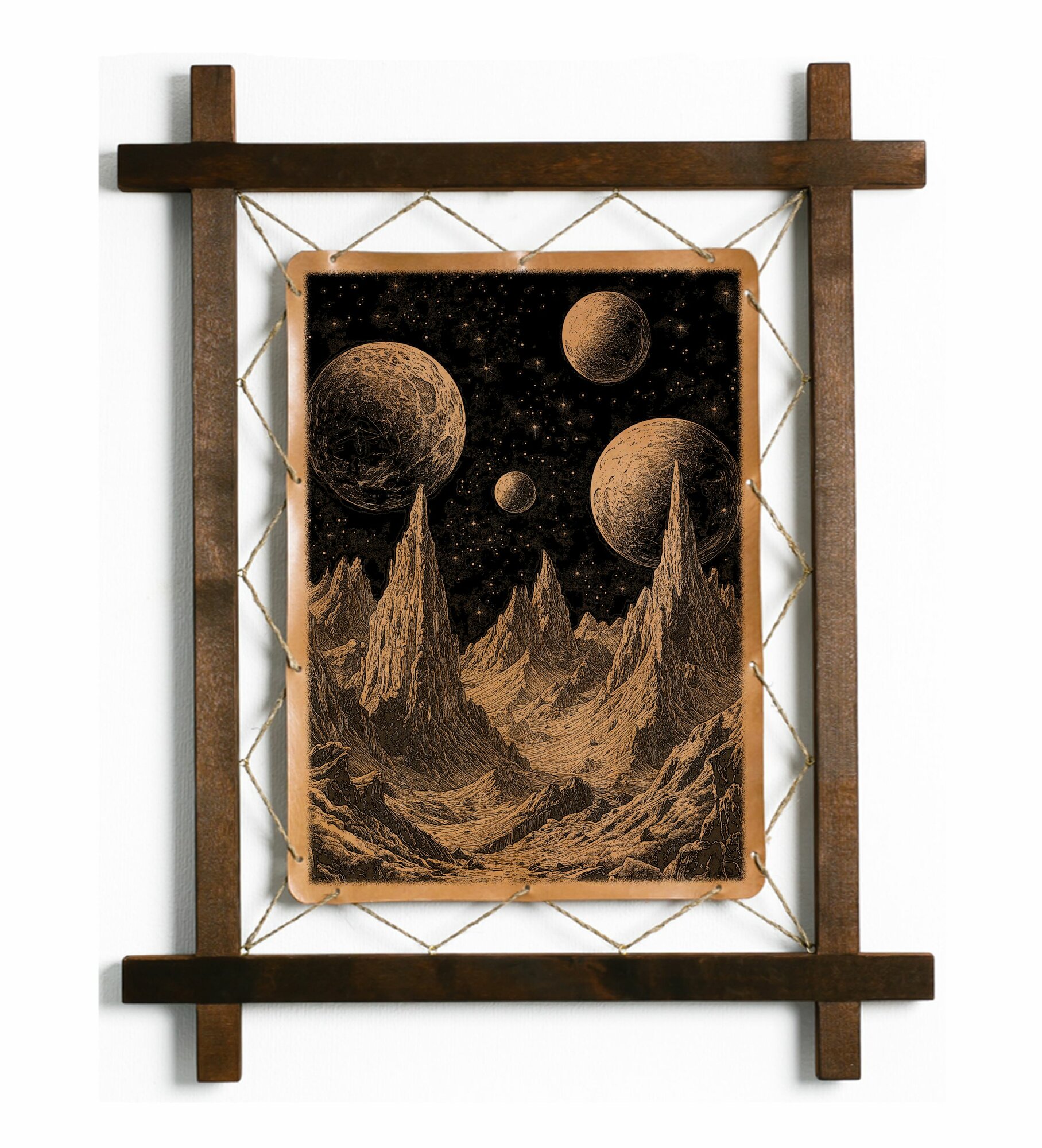 Интерьерная картина из натуральной кожи "Планета с несколькими лунами", декоративное настенное панно в деревянной раме, BoomGift