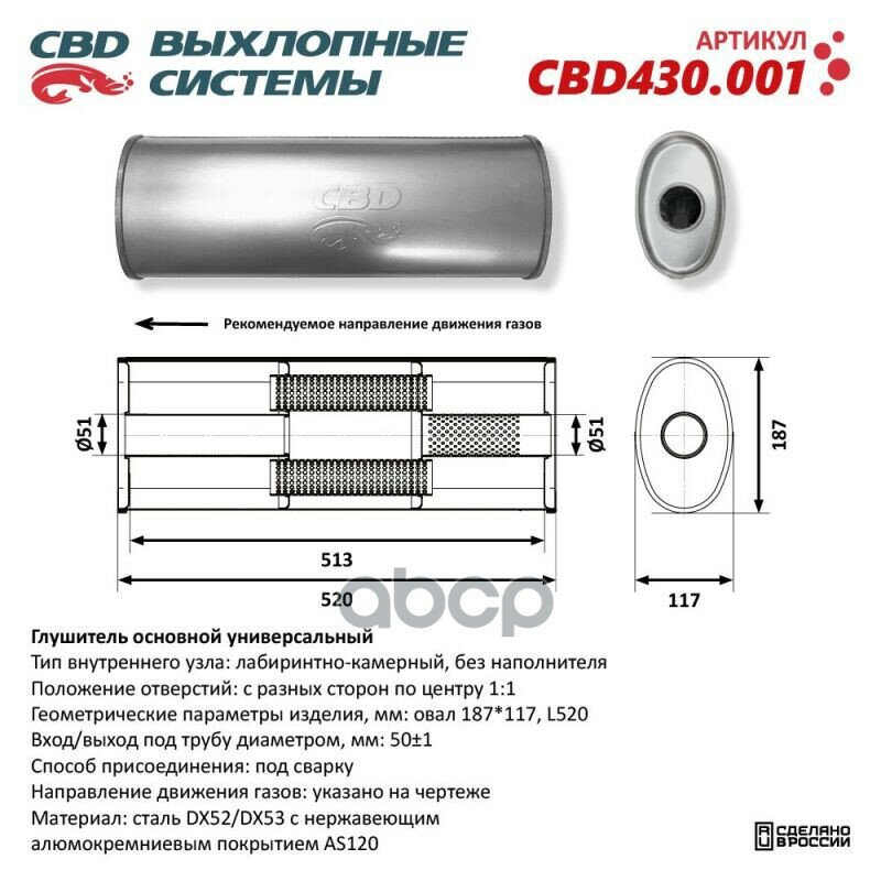 Глушитель CBD430.001. Нержавеющий. Овал D187*117, L505. Отверстия с разных сторон по центру (1:1) по CBD арт. CBD430001