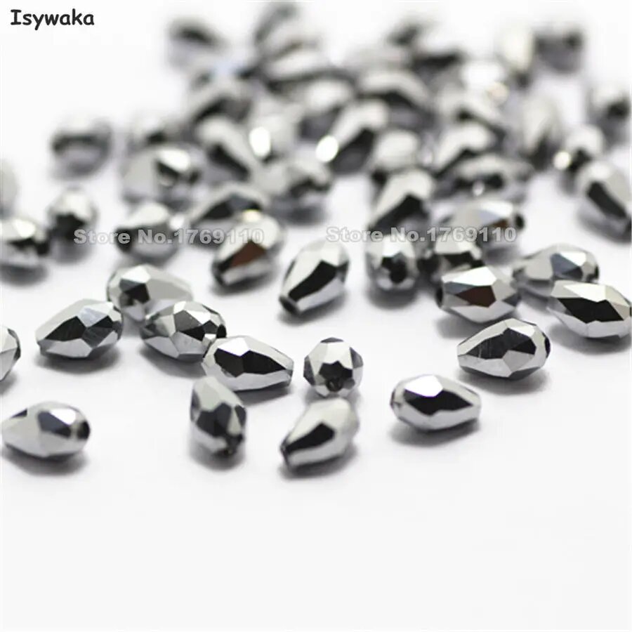 Isywaka хрустальные бусины-капли 3x5 мм, 4x6 мм, 5x7 мм Серебряный, 5x7mm 65pcs, Shining Silver