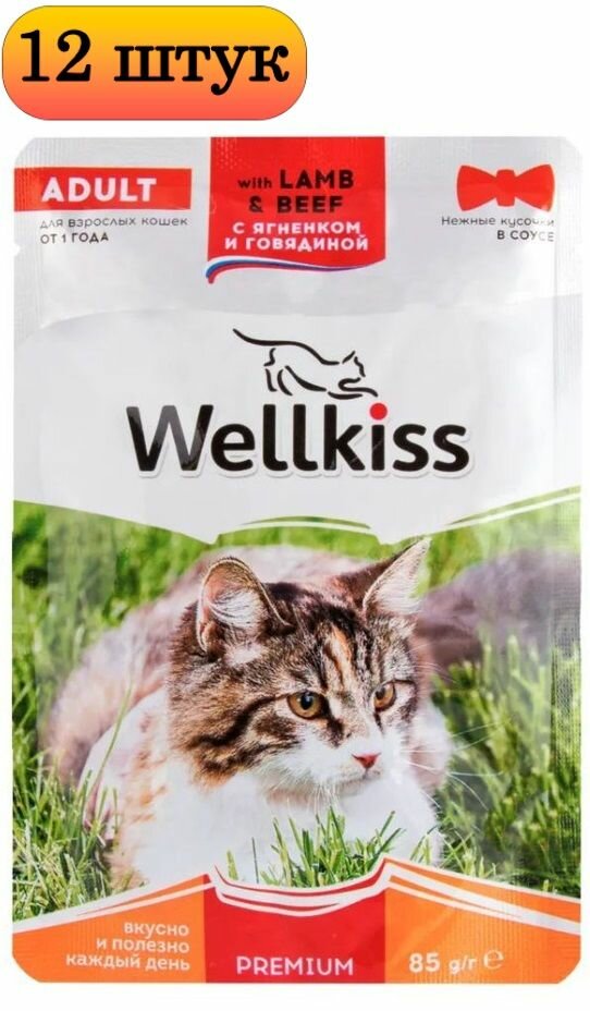 12шт Wellkiss Adult Влажный корм (пауч) для взрослых кошек, с ягненком и говядиной в соусе, 85 гр.