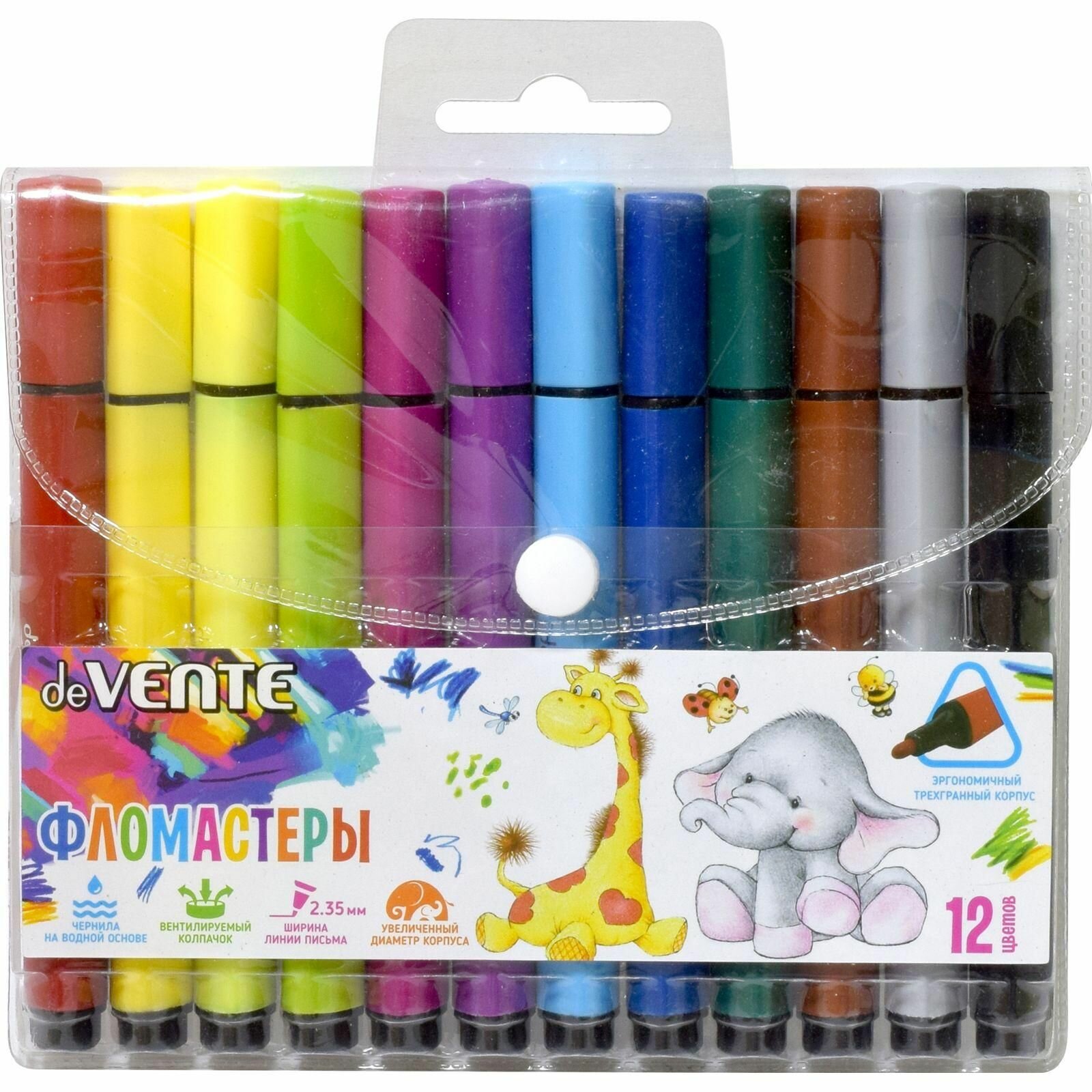 Фломастеры deVENTE JUMBO 12 цветов, "Trio", вентилируемый колпачок, утолщенный трехгранный корпус, пластиковый блистер (5081950)