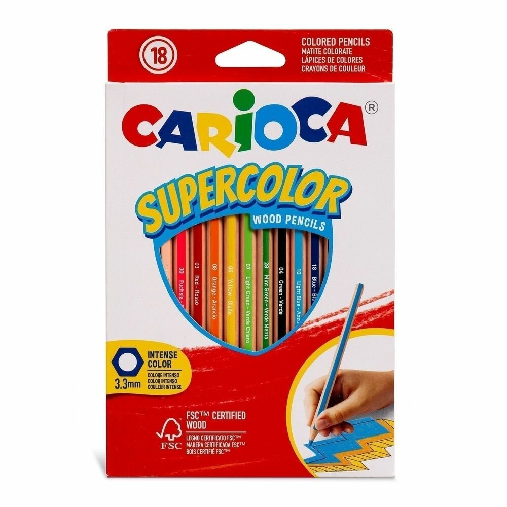 Набор цветных карандашей Carioca SUPERCOLOR, 18 цветов, шестигранный корпус, деревянные, картонная упаковка (43392)