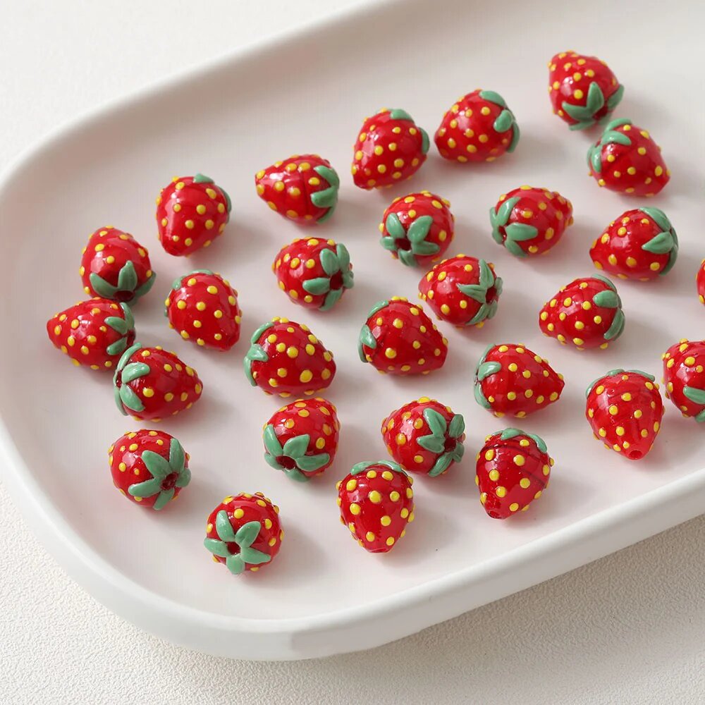 Бусины клубника стеклянные, red, yellow dots, 4шт