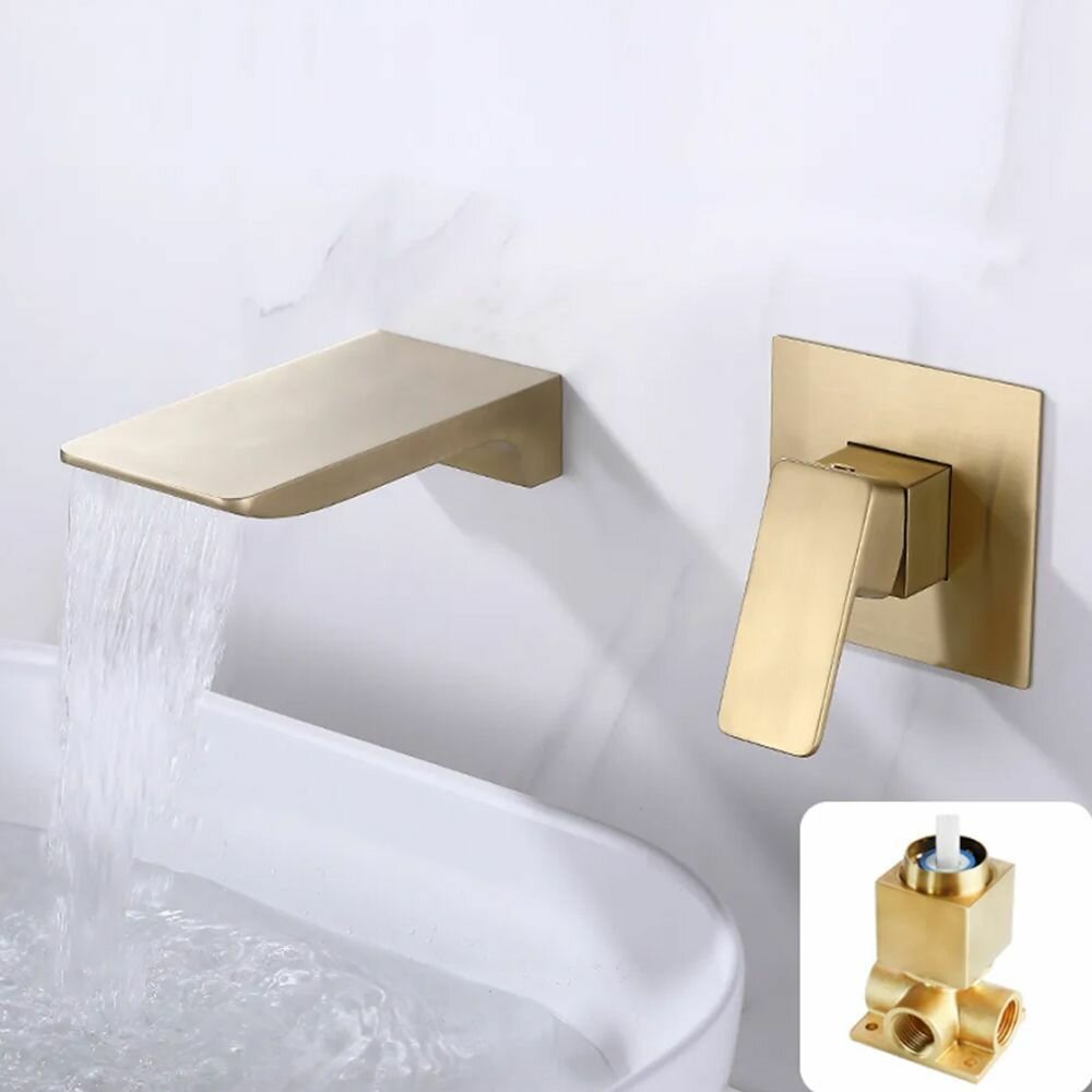 Смеситель для раковины настенный, водопад дизайн излива, Матовое золото