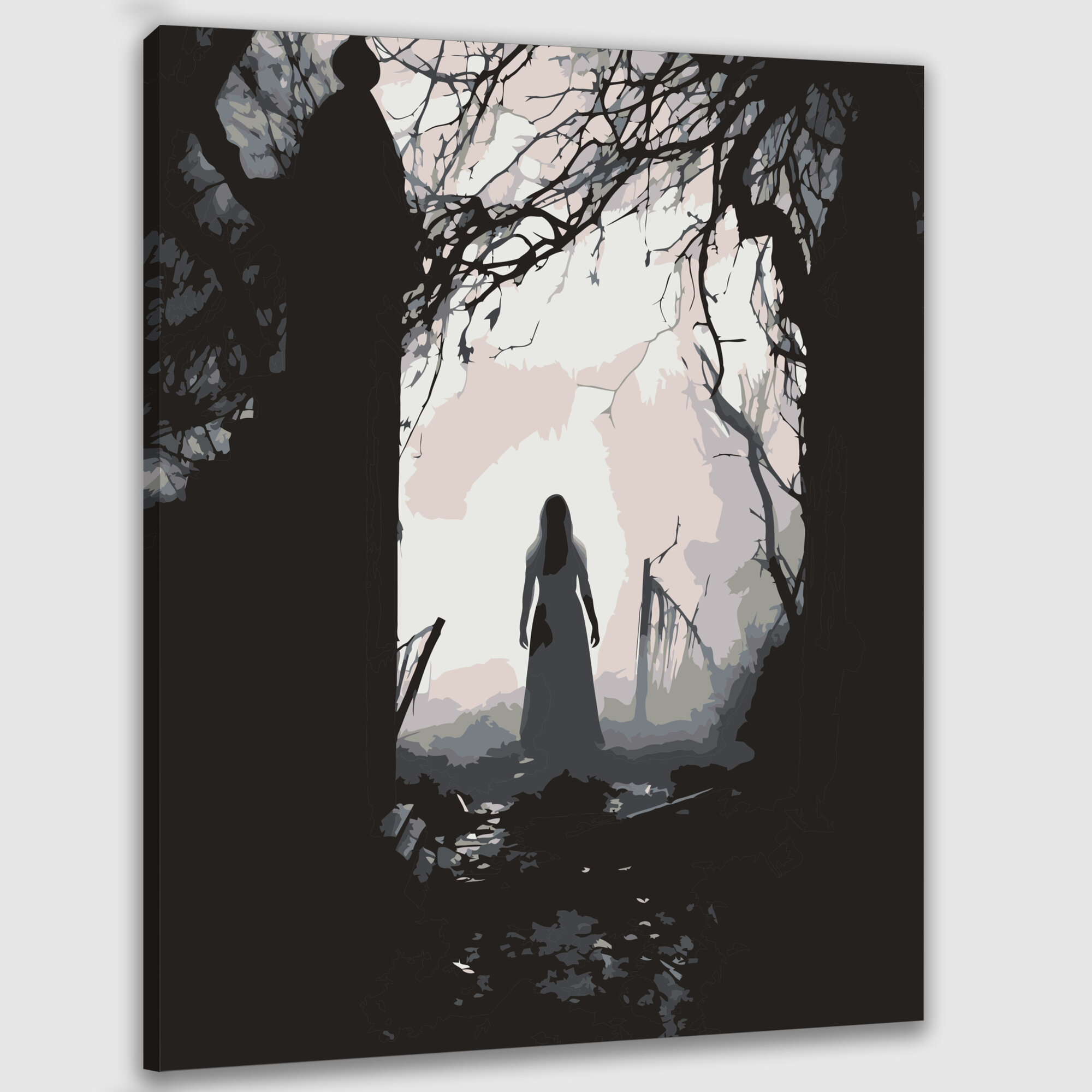 Картина по номерам 40x50 см, ведьма, фотография, черно-белая, кладбище, одинокая, вход, старое, обветшалое, лунный свет