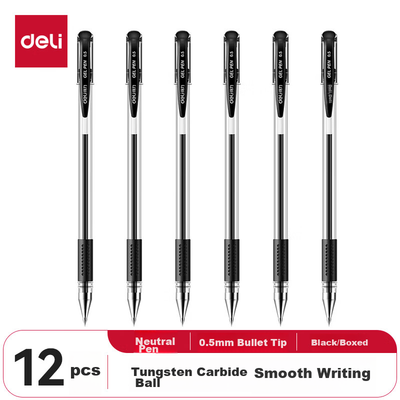 Deli Classic Office Retractable Gel Pen, 0.5mm Bullet Tip, Black Ink, 12 Pens/Box, P06600ES