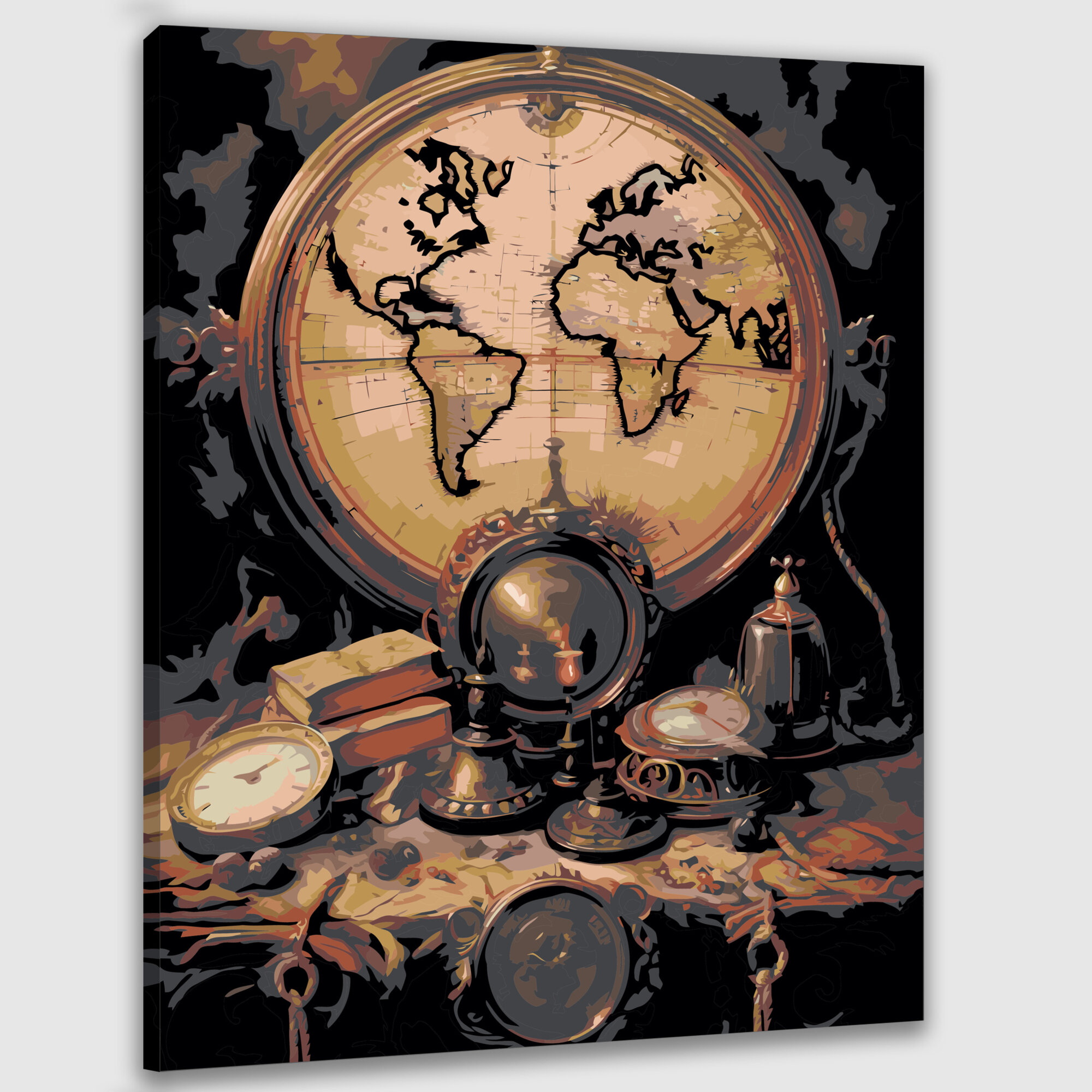 Картина по номерам 40x50 см, картина маслом, старинная карта мира, землистые тона, замысловатые детали, исследование