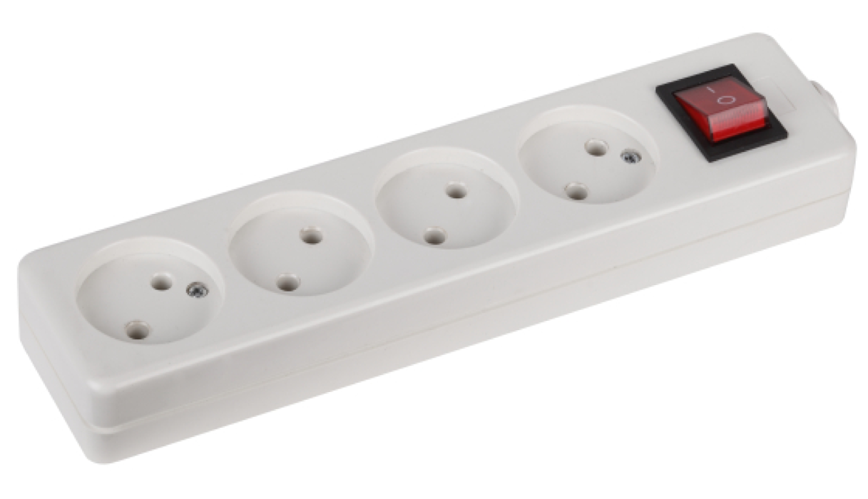 Блок розеток ЭРА K-4s, 4 гнезда без зазeмления с выключателем, 10А 2200Вт IP20, белый Б0003480 / колодка электрическая для удлинителя
