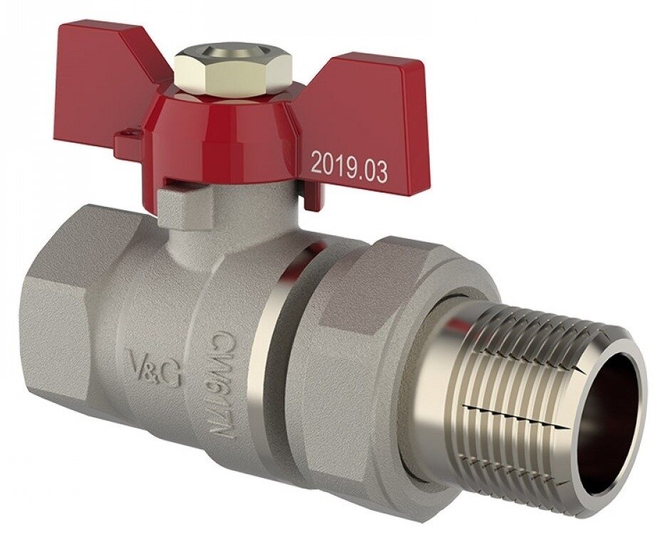 Кран шаровый для воды V&G / В&Г Optima прямой с полусгоном, ручка бабочка, латунь, серый, резьба 1" / запорная арматура