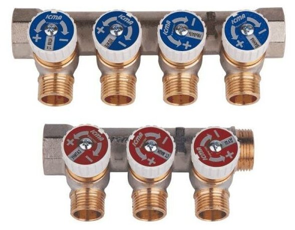 Коллектор латунь 3/4" ВР/НР на 2 вых 1/2" НР м/о 37мм с запорно-регулирующими клапанами Icma 87227PA06