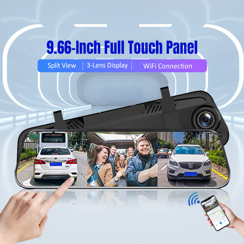 9.66-дюймовый сенсорный экран видеорегистратор автоматический видеорегистратор автомобильный видеорегистратор зеркало заднего вида с 3 камерами отображения видеорегистратора поддержка подключения к Wi-Fi