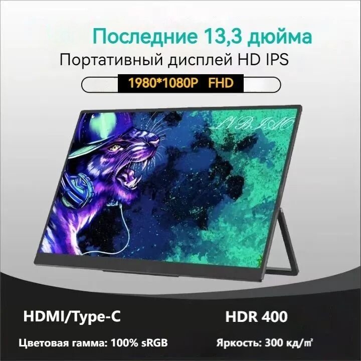 Монитор, 13,3 дюйма, Full HD, IPS, 60 Гц, антистатический, чёрный матовый