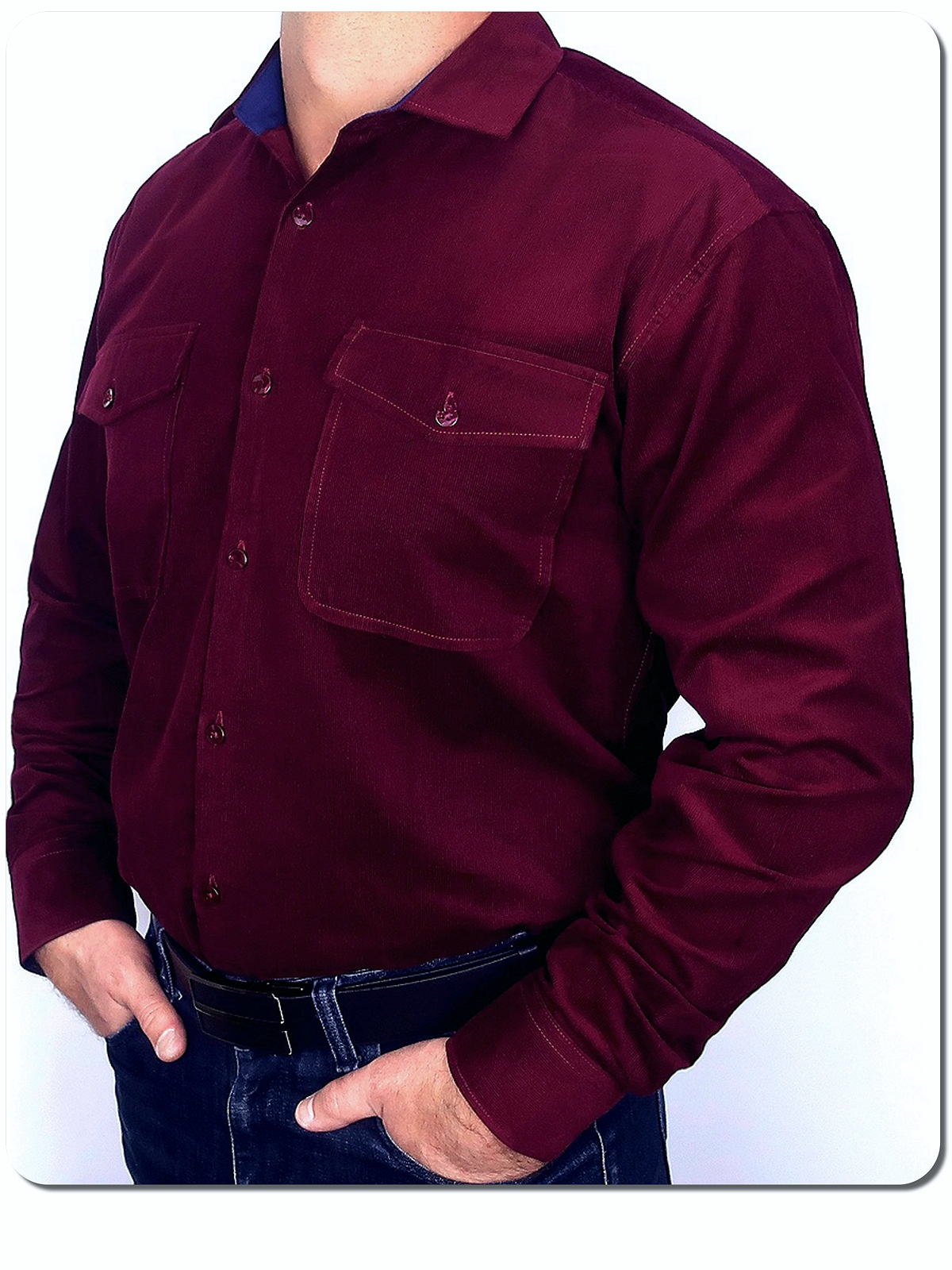 Рубашка Мужская рубашка с длинным рукавом прямая классическая, темная сорочка на пуговицах, рубаха на любой сезон, бордовая однотонная, с двумя карманами и клапанами, вельветовая теплая рубашка