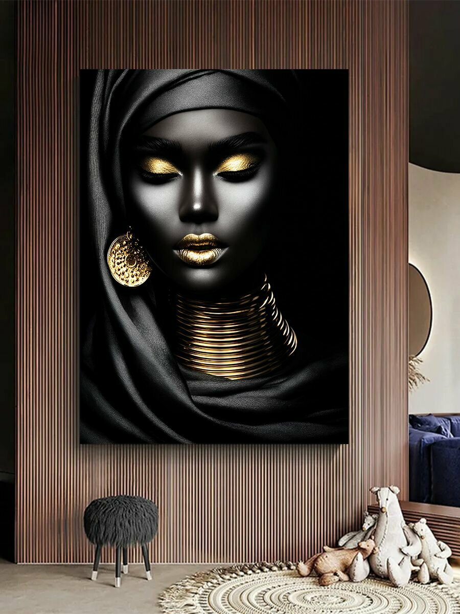 Вертикальная картина на стену - "Портрет / Лицо девушки в черно-золотом" , 50х70 см.