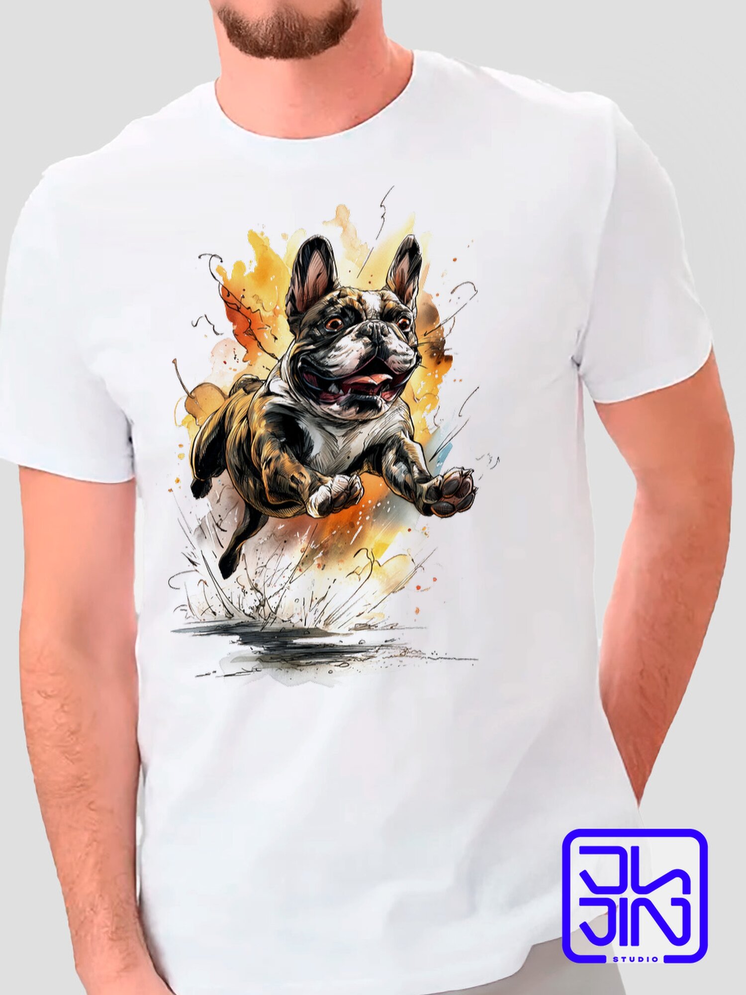 Футболка классическая мужская с авторским принтом Смешная черно-белая собака в оранжевом взрыве, крутой экстрим принт, белый хлопковый трикотаж с прикольным рисунком на груди