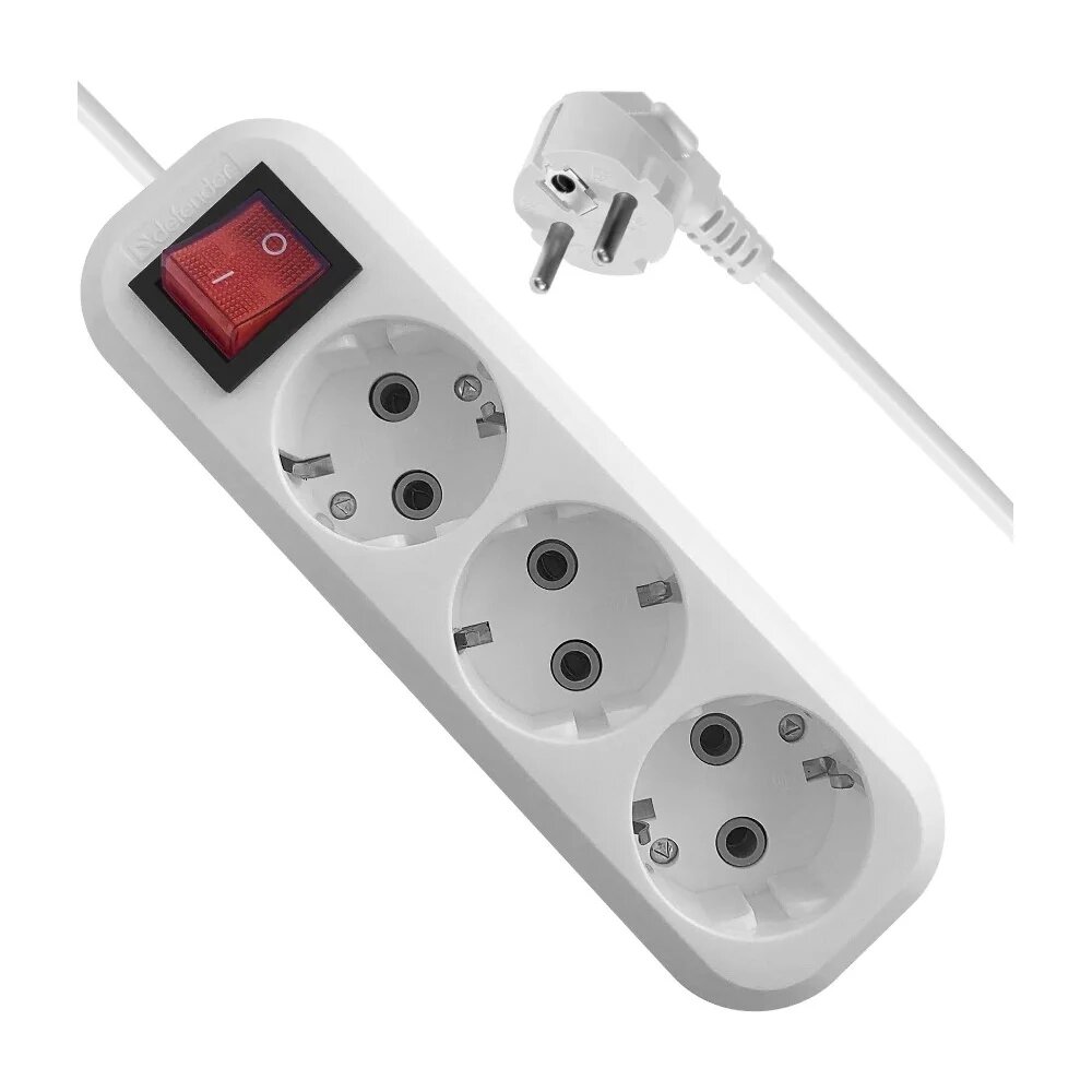 Удлинитель DEFENDER с заземлением L330, 3‑розеточный, с выключателем, белый пластик, ПВС‑кабель, класс защиты