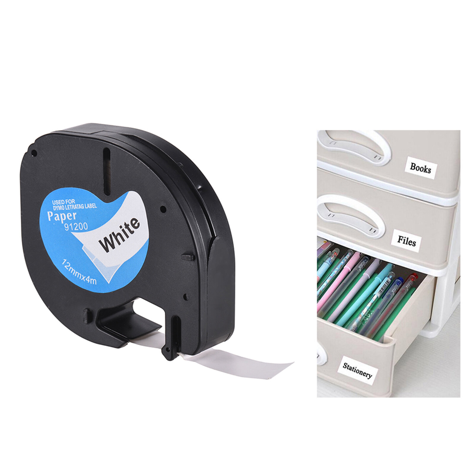 Ленты для этикеток Labeling Label Tape 91200 самоклеящиеся заправки Черная печать на белой бумаге 1/2 дюйм * 13 футов 12мм * 4м для принтера этикеток DYMO LT-100H, 1 рулон