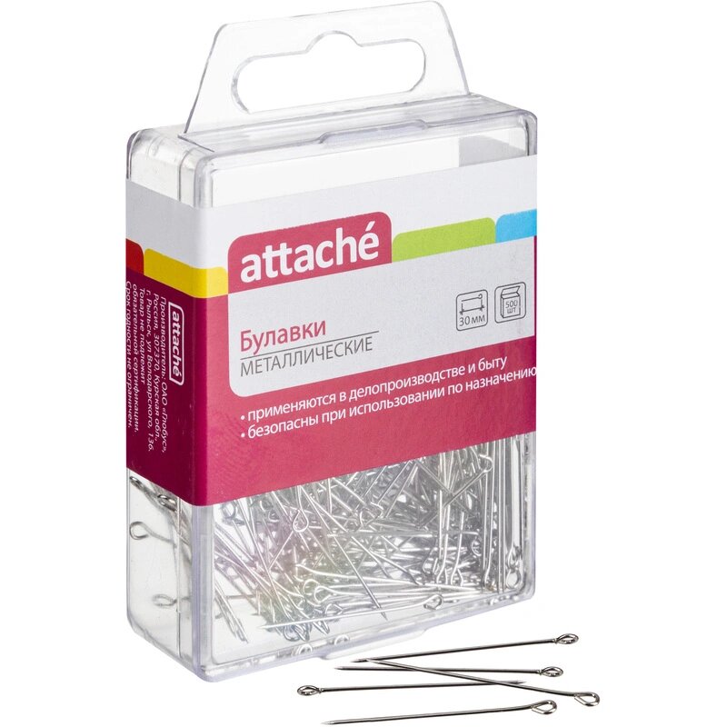 Булавки металлич. 30 мм ATTACHE Б35, 500шт/уп, с подвесом