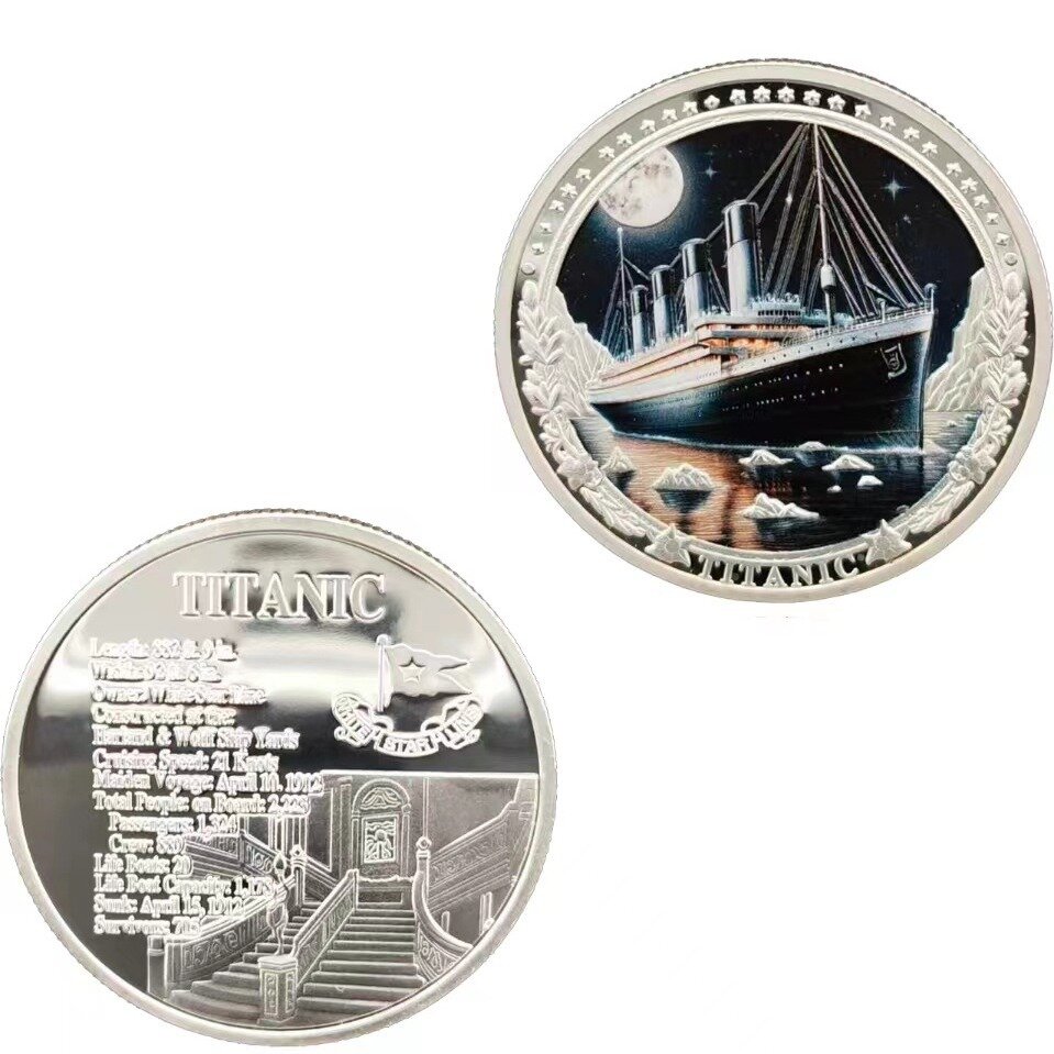 Памятная монета «Титаник», двусторонняя металлическая железная монета с цветной гравировкой, дизайн корабля «Титаник» и исторические факты, коллекционная монета для демонстрации и коллекционирования, посеребренная монета диаметром 4 см