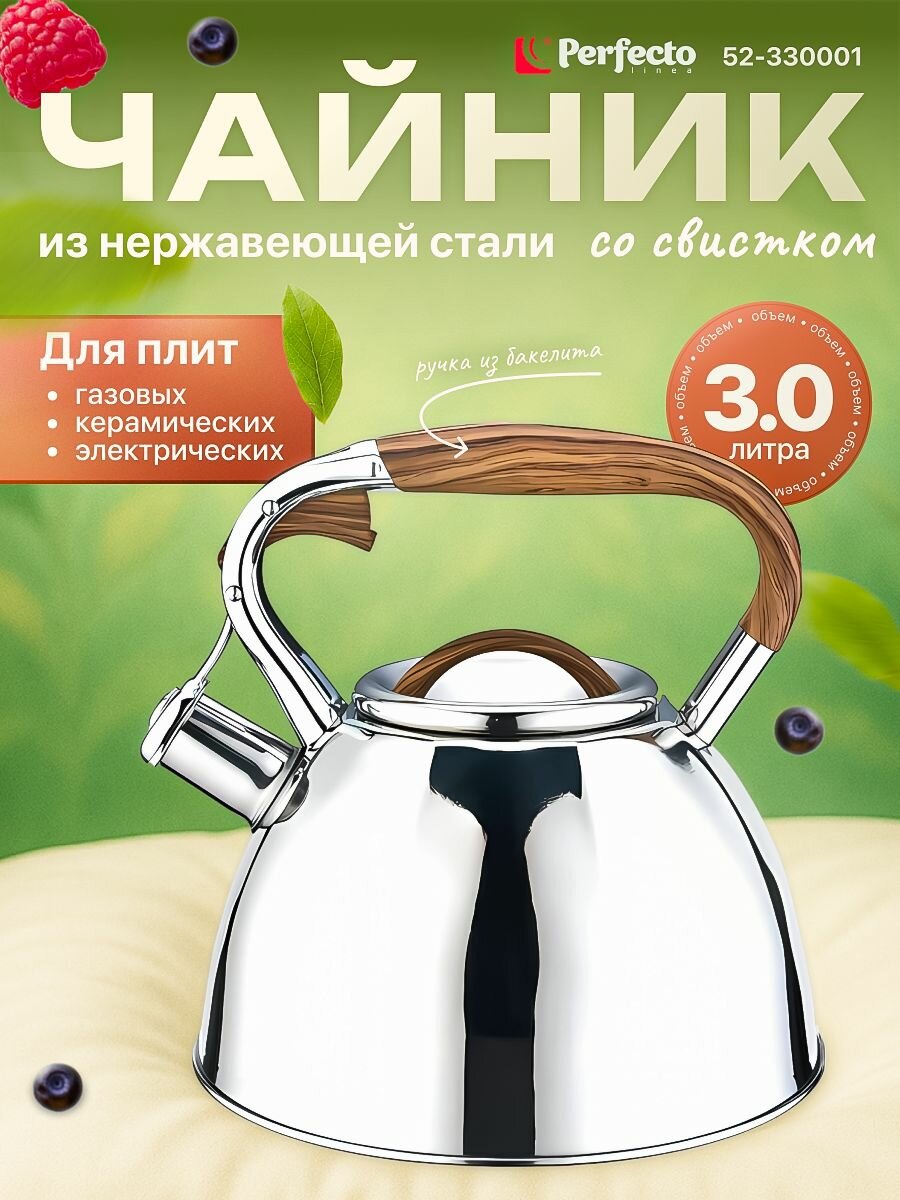 Чайник со свистком 3 литра PERFECTO LINEA Ceylon из нержавеющей стали, для всех типов плит (52-330001)