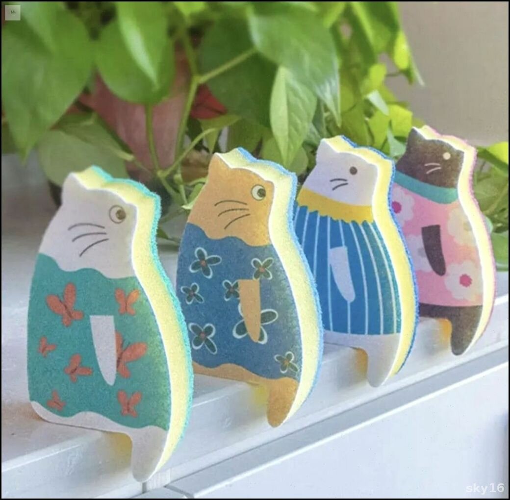 Набор японских губок для мытья посуды. Котики. 4 штуки.