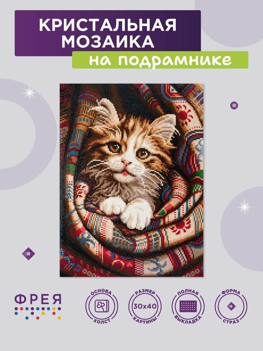 Алмазная (кристальная) мозаика с холстом на подрамнике 40 х 30 "фрея" ALPD-297 "Котенок в пледе"