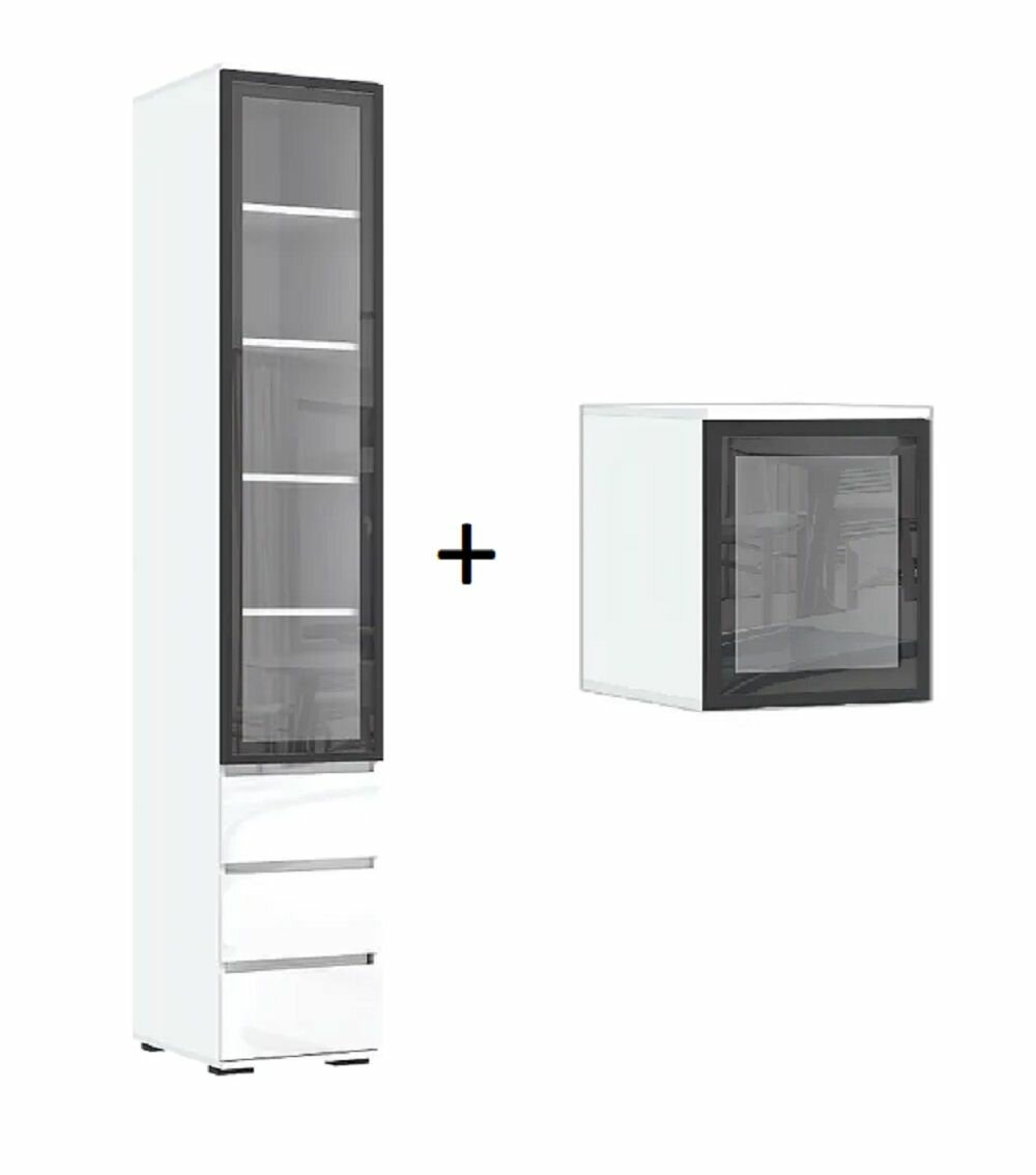 Норд Пенал-стекло 40 см. с ящиками + антресоль. Белый глянец, белый