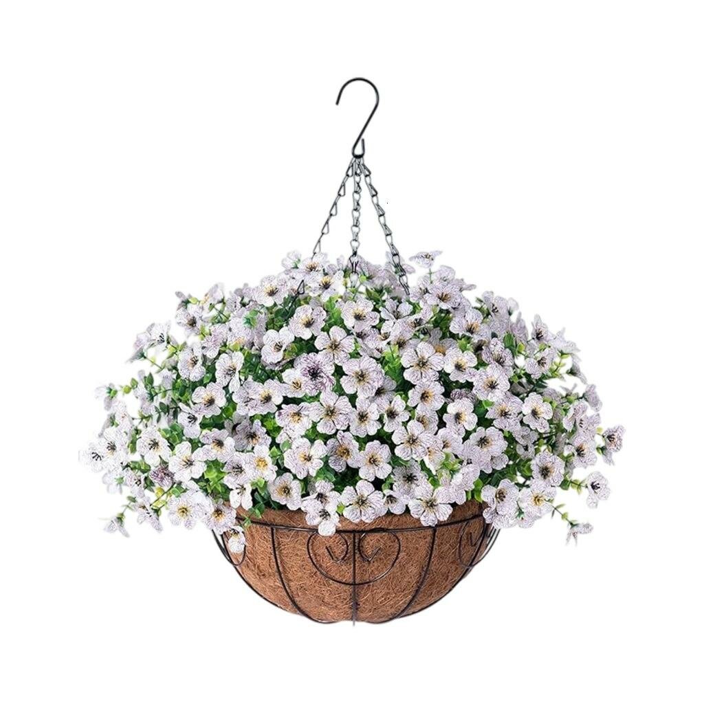 Искусственные фиалки в кокосовом подвесном кашпо, Белый