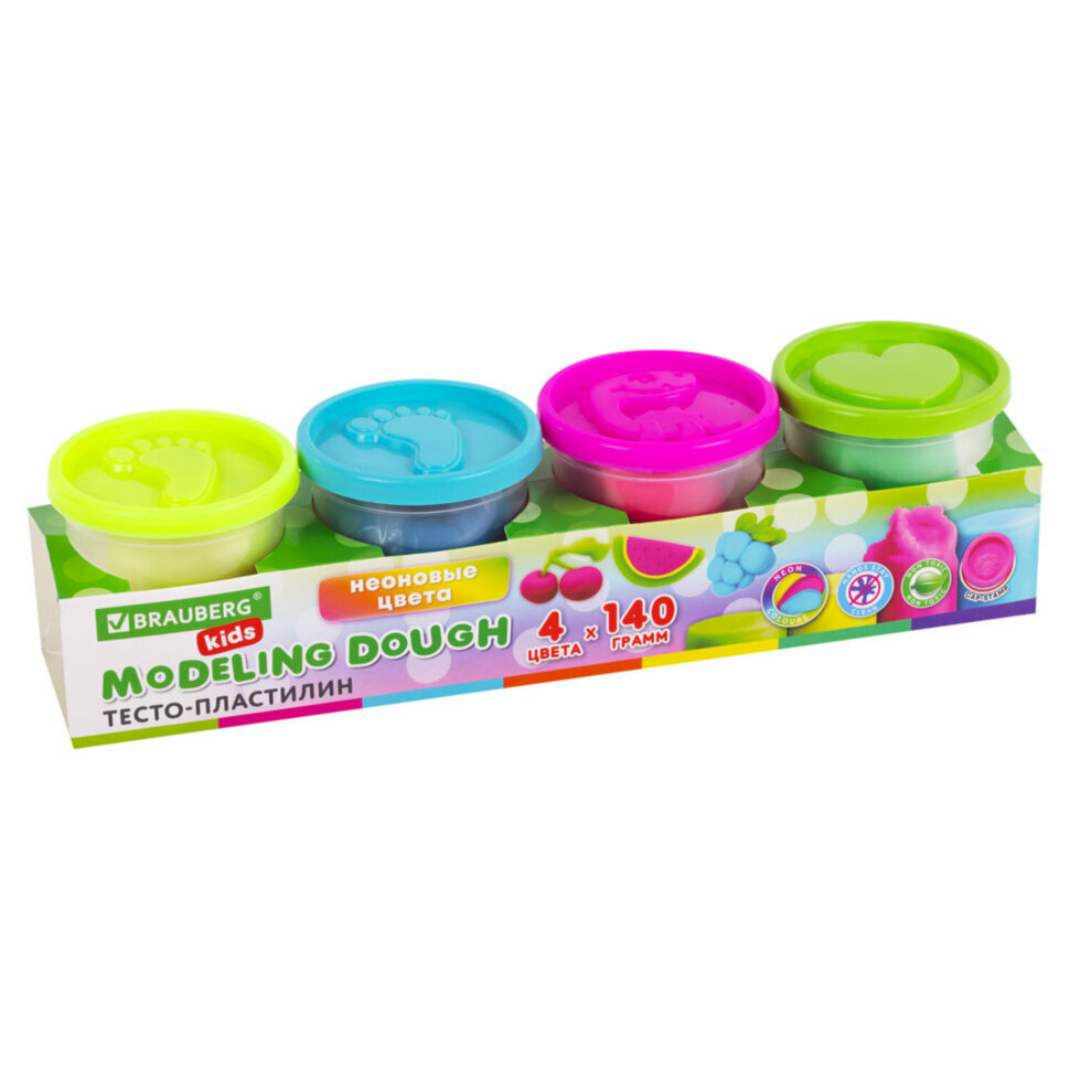 Пластилин-тесто для лепки BRAUBERG KIDS, 4 цвета, 560 г, яркие неоновые цвета, крышки-штампики, 106716, 106716
